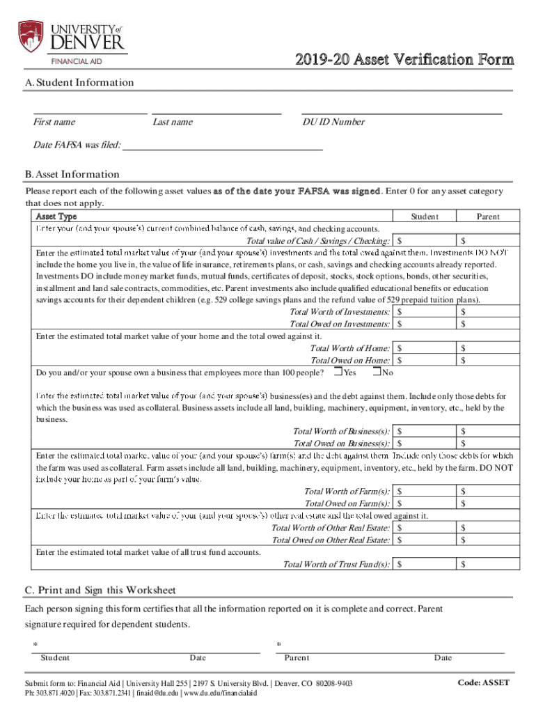 Fillable Online Fill - Free fillable 2019-20 Asset Verification Form ...