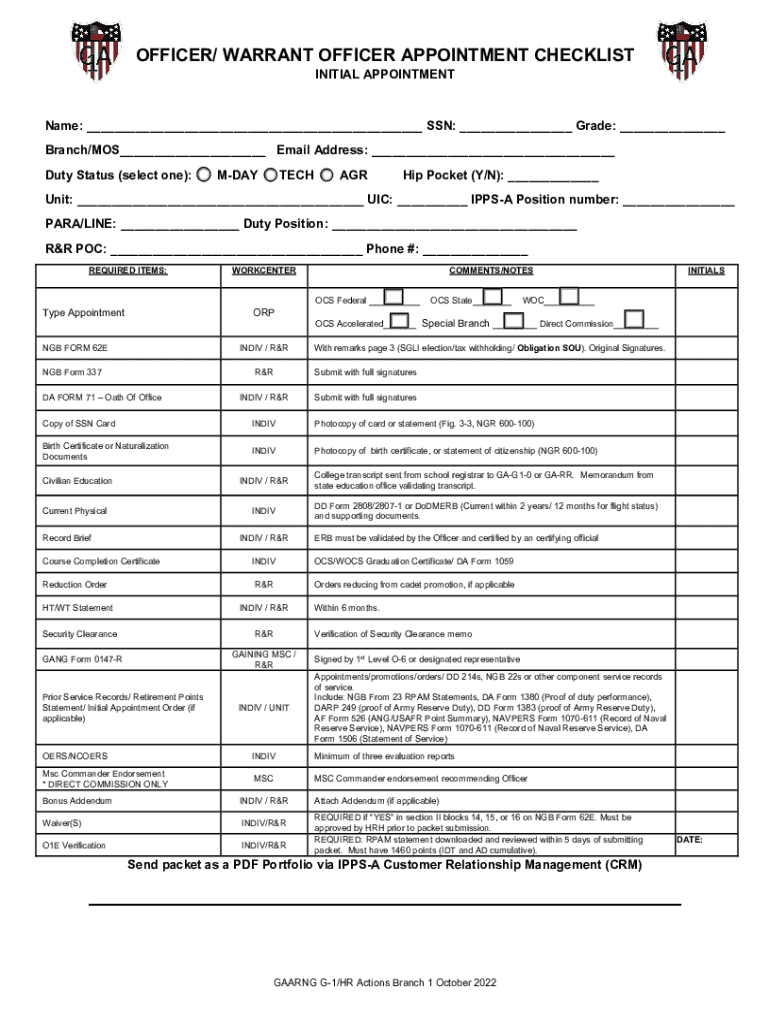 Fillable Online ga.ng.milPortals49OFFICER/ WARRANT OFFICER APPOINTMENT ...