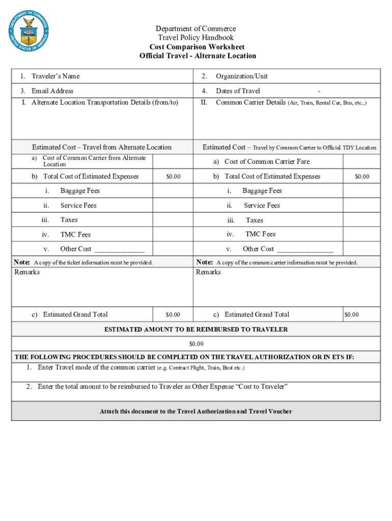 Fillable Online Sample Cost Comparison Worksheet for Personal Travel - U.S. Department ... Fax ...
