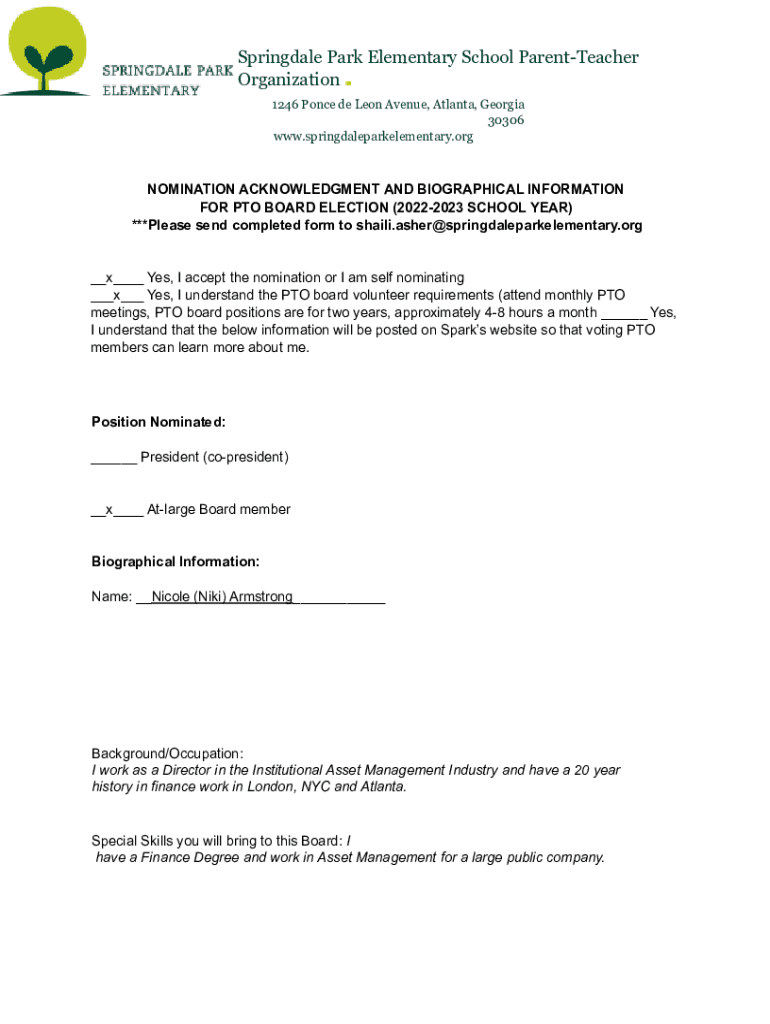 Fillable Online Springdale Park Elementary Parent-Teacher Organization ...