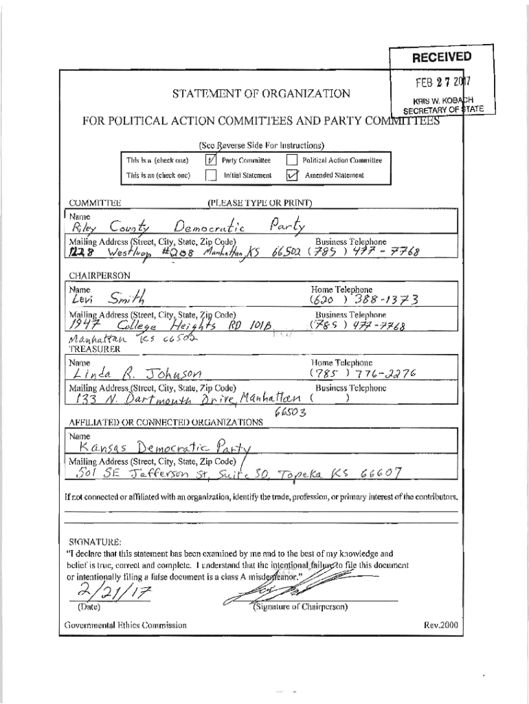 Fillable Online ethics ks Political Party Statements of Purpose ...