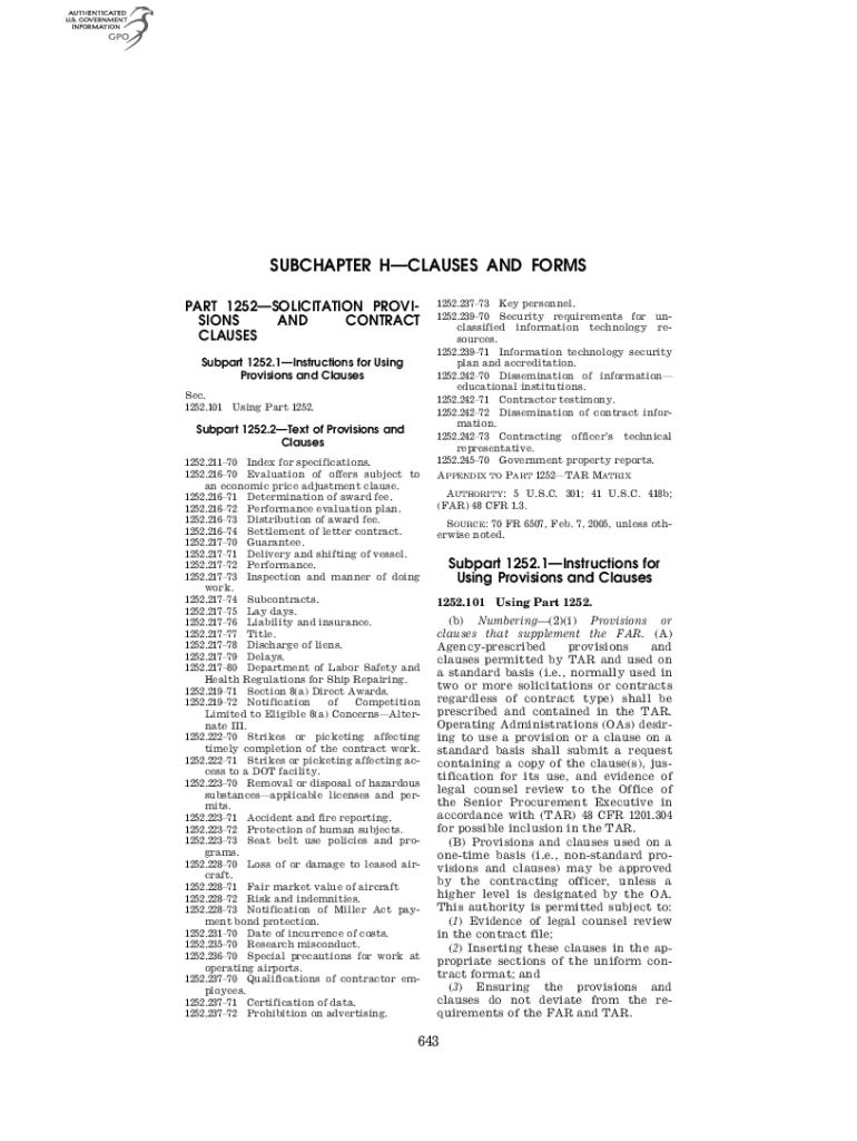 Fillable Online TAR PART 1252 - SOLICITATONS PROVISIONS AND CONTRACT ...