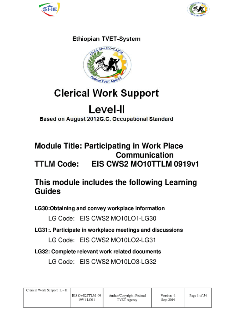 Fillable Online Module Title: Participating in Work Place Communication TTLM Code: EIS ... Fax ...