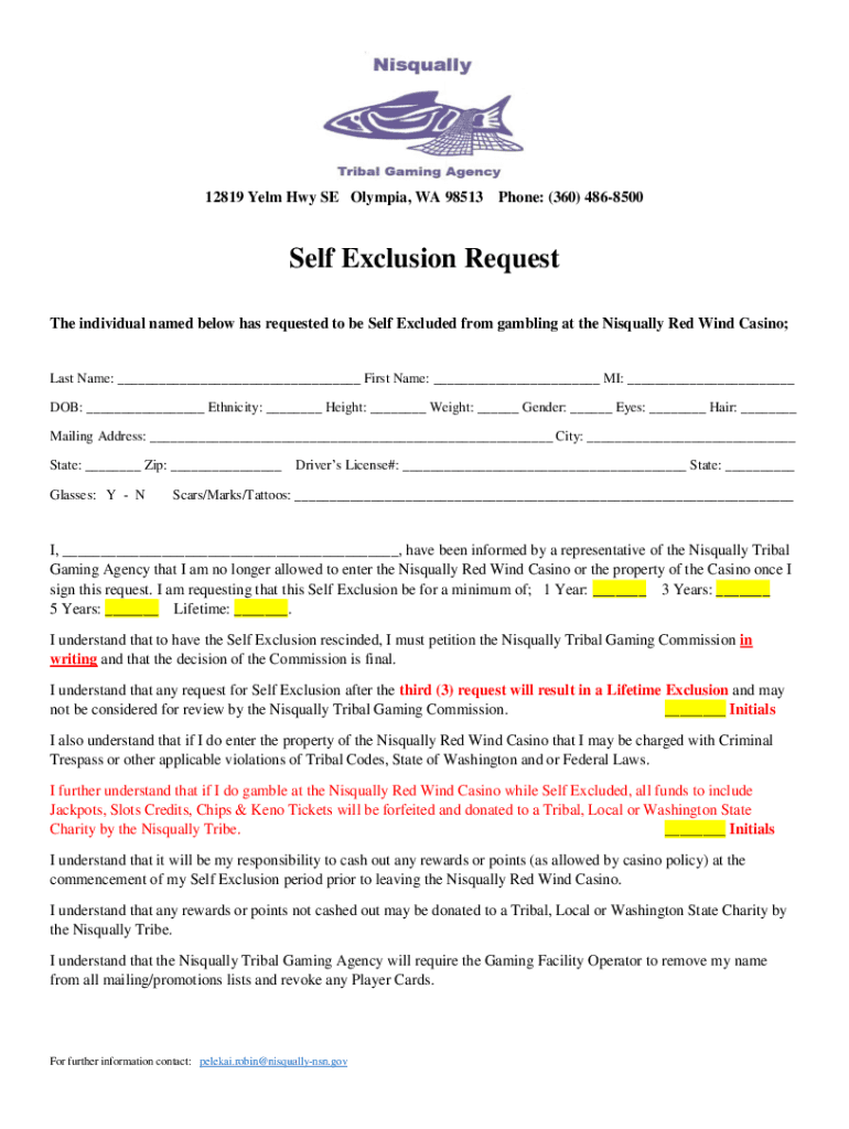 Fillable Online Self Exclusion Request Fax Email Print - pdfFiller