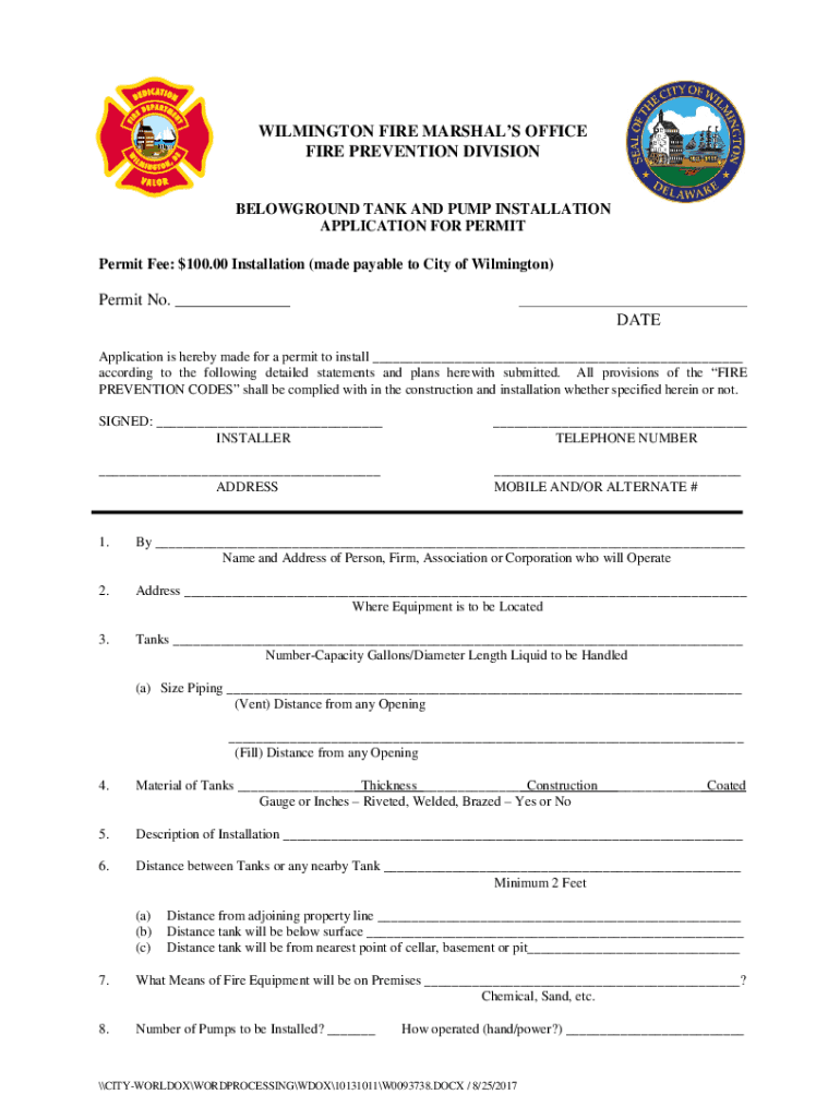 Fillable Online BELOW GROUNDTANK AND PUMP INSTALLATION -- APPLICATION ...