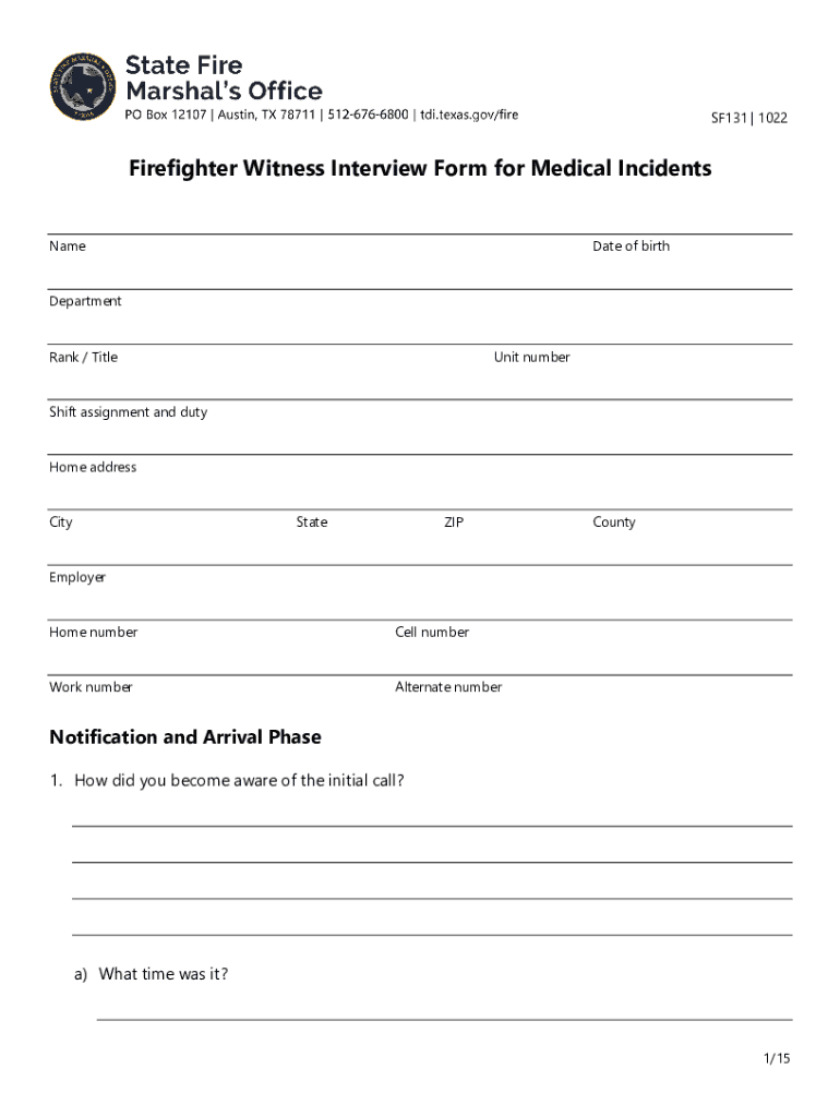 Fillable Online SF131 - Firefighter Witness Interview Form for Medical ...