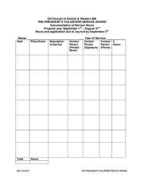 Fillable Online Volunteer Service Award Documentation of Service Hours ...