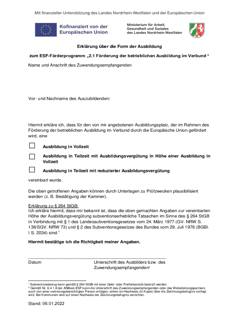 Fillable Online Erklrung ber die Form der Ausbildung - MAGS NRW Fax ...