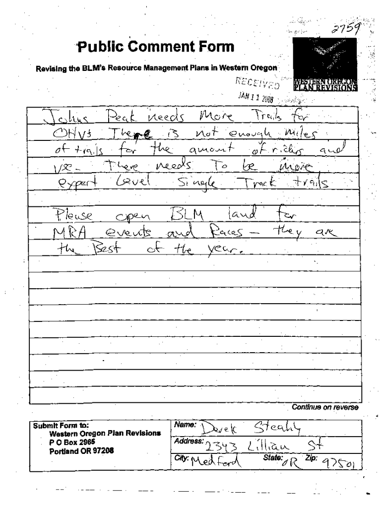 Fillable Online Western Oregon Plan Revisions: BLM Looking for Help in ...