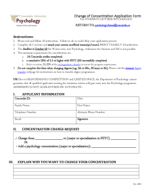 Fillable Online Change of Concentration Application Form For STUDENTS OUTSIDE PSYCHOLOGY Fax ...