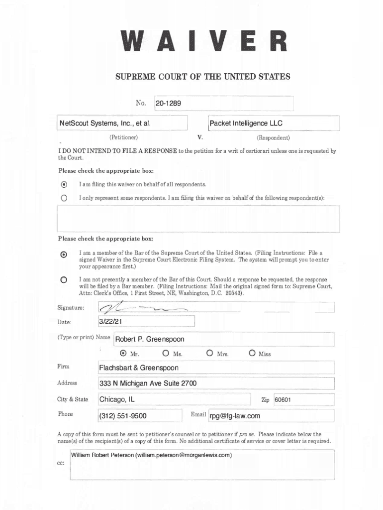 Fillable Online WAIVER SUPREME COURT OF THE UNITED STATES (Supreme ...