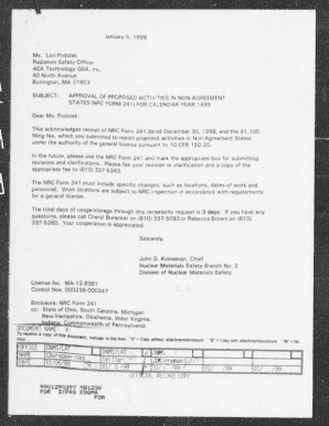 Fillable Online Ack receipt of NRC Form 241 dtd 981230 & listed amount ...