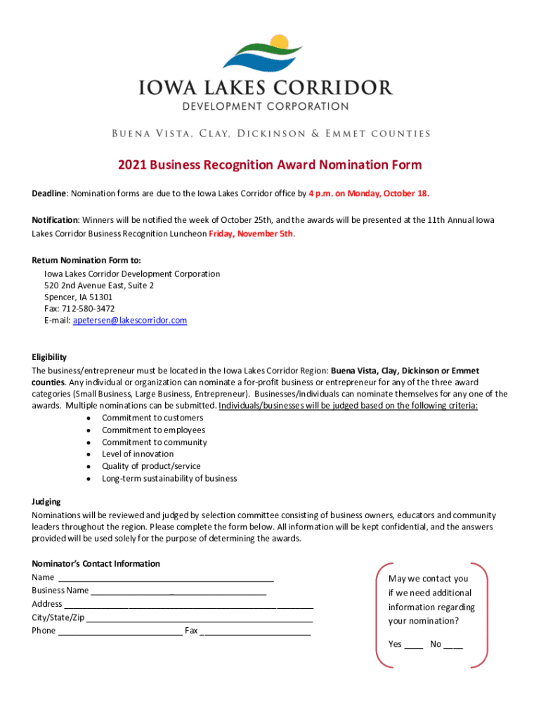 Fillable Online Business Awards Nomination Form - Prince William ...