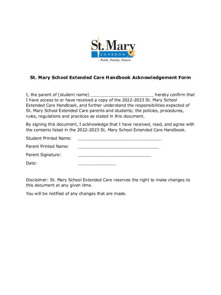 Fillable Online Get the free St. Mary School Extended Care Handbook ...