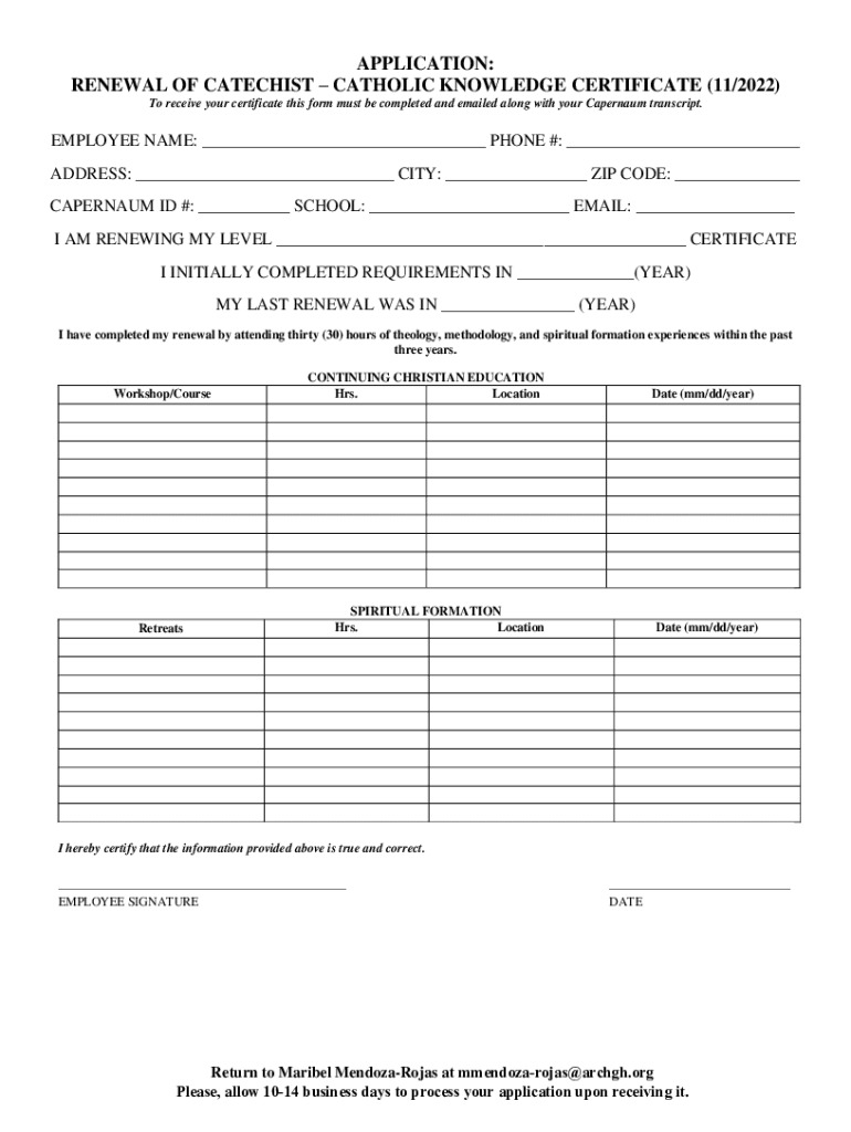 Fillable Online APPLICATION: RENEWAL OF CATECHIST OR CATHOLIC KNOWLEDGE ...