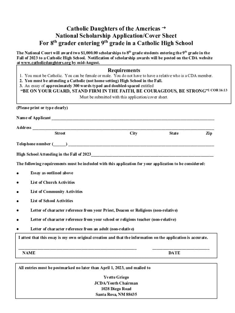 Fillable Online National Scholarship Application/Cover Sheet For 8th ...