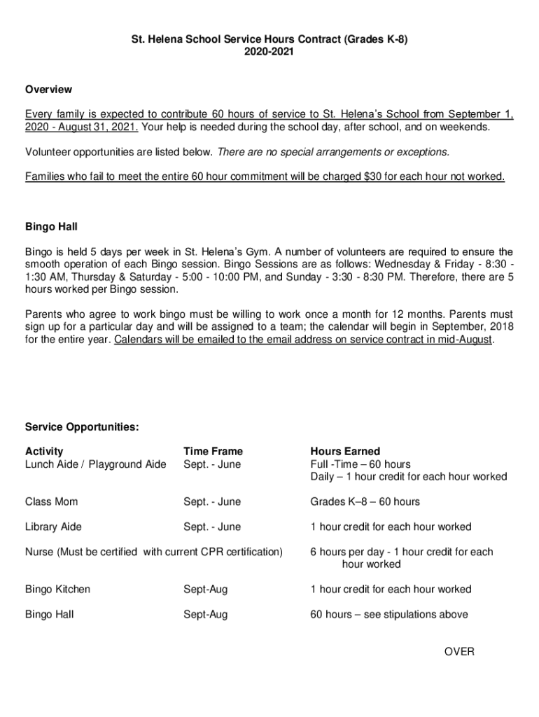 Fillable Online St. Helena School Service Hours Contract (Grades K-8 ...