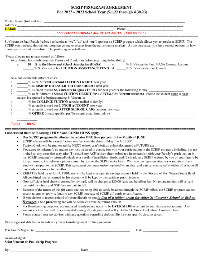 Fillable Online SCRIP PROGRAM AGREEMENT For 2022 2023 School Year (5.1. ...