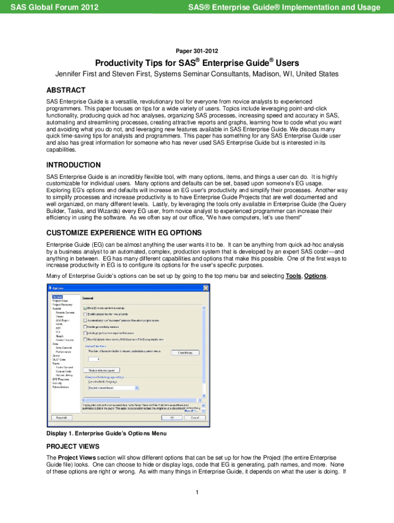 Fillable Online 20 in 20: Quick Tips for SAS Enterprise Guide Users20 ...