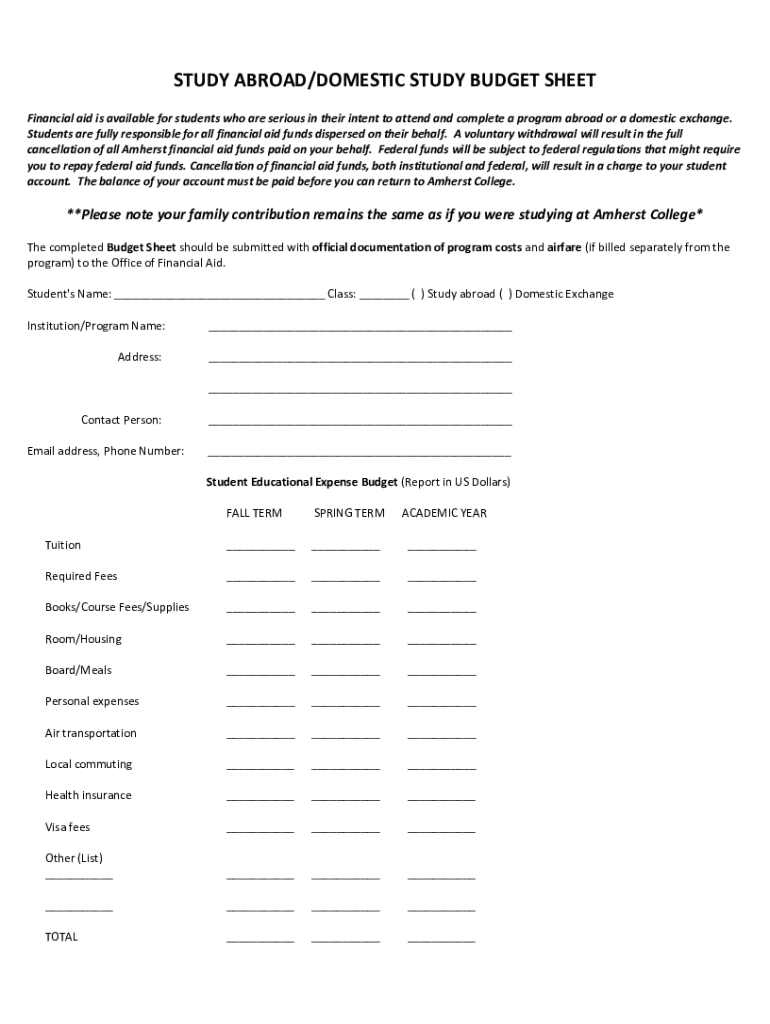Fillable Online STUDY ABROAD/DOMESTIC STUDY BUDGET SHEET Fax Email ...