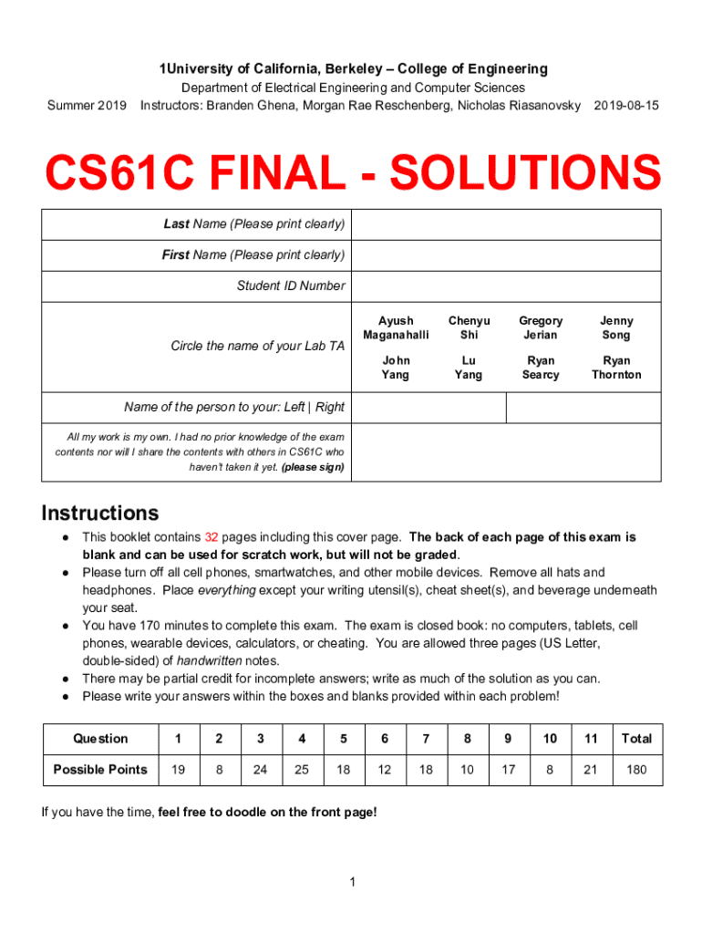 Fillable Online inst eecs berkeley CS61C FINAL - SOLUTIONS - EECS Instructional Fax Email Print ...