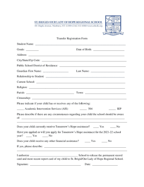 Fillable Online Transfer Registration Form Student Name - eCatholic Fax ...