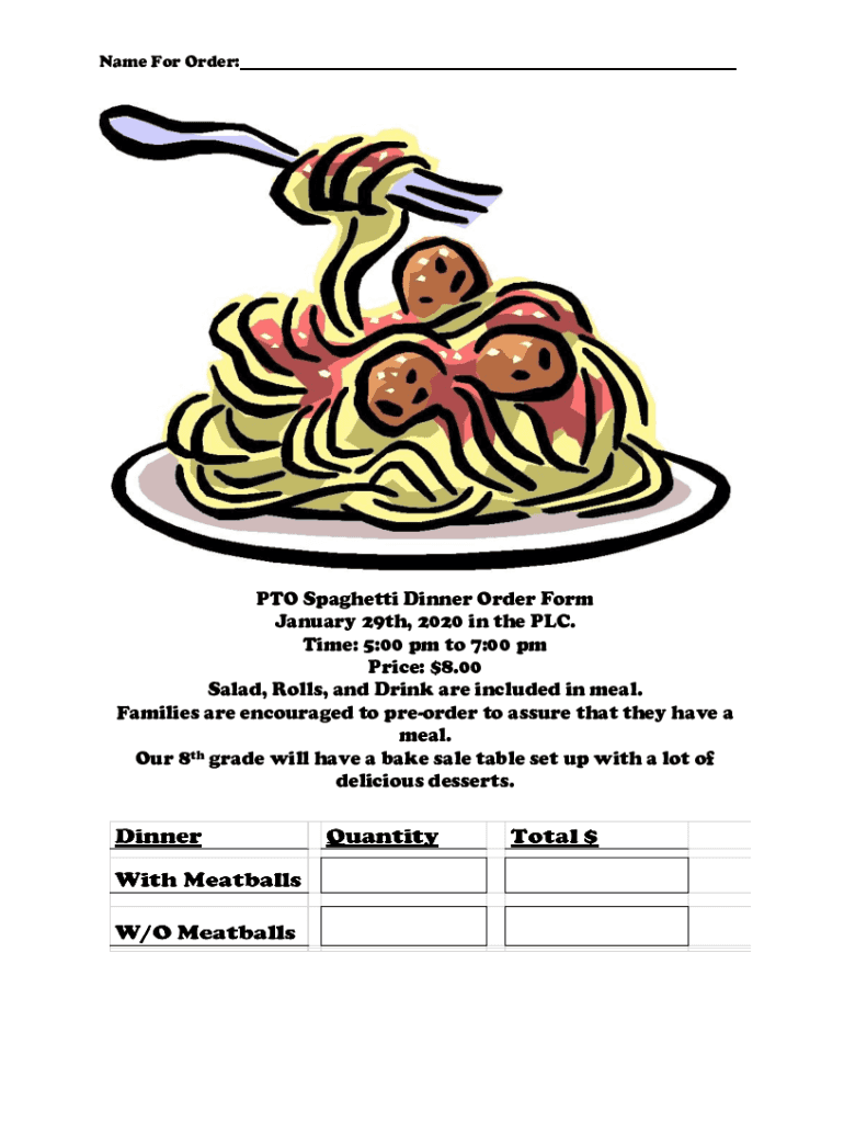 Fillable Online Spaghetti Dinner Order Form - Fill Out and Sign ...