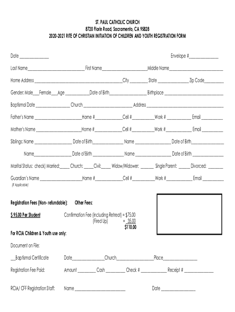 Fillable Online RCIA Registration Form - Children 0 Youth 2020.pdf Fax ...