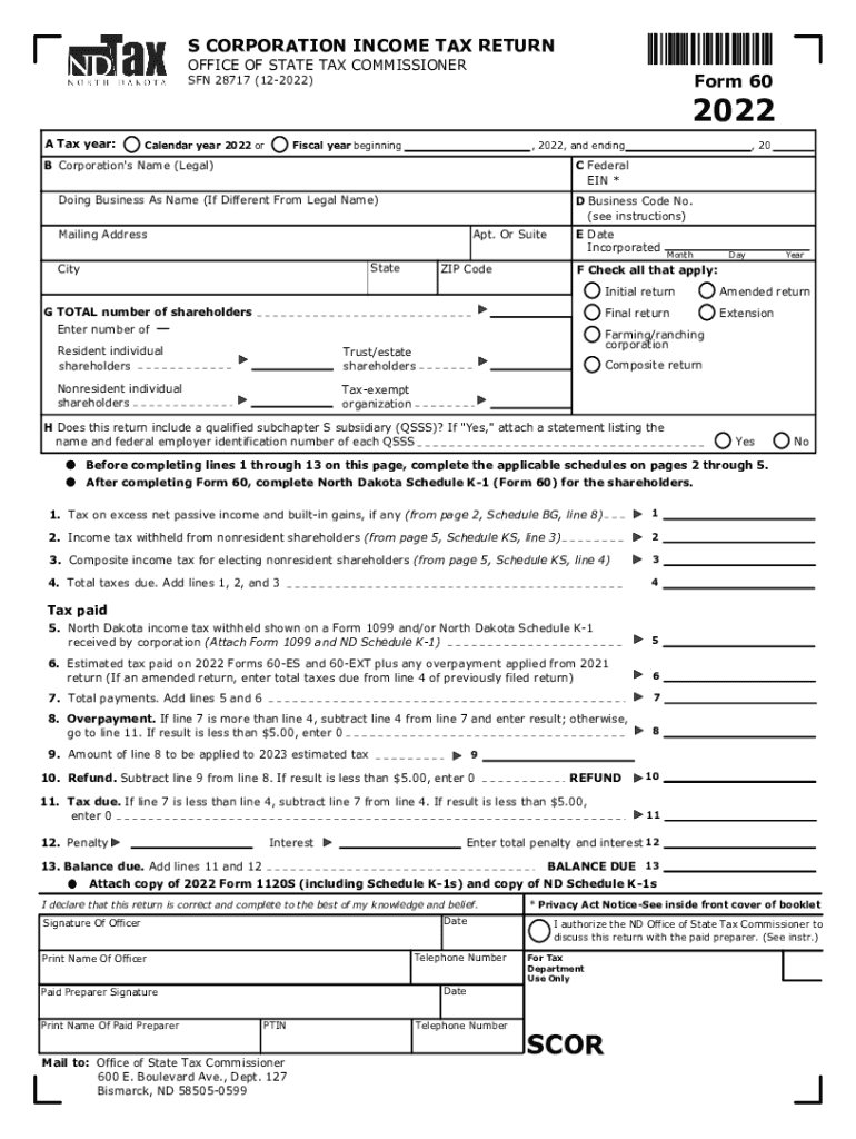 Fillable Online Form 60 - S Corporation Income Tax Return (2022). Form ...