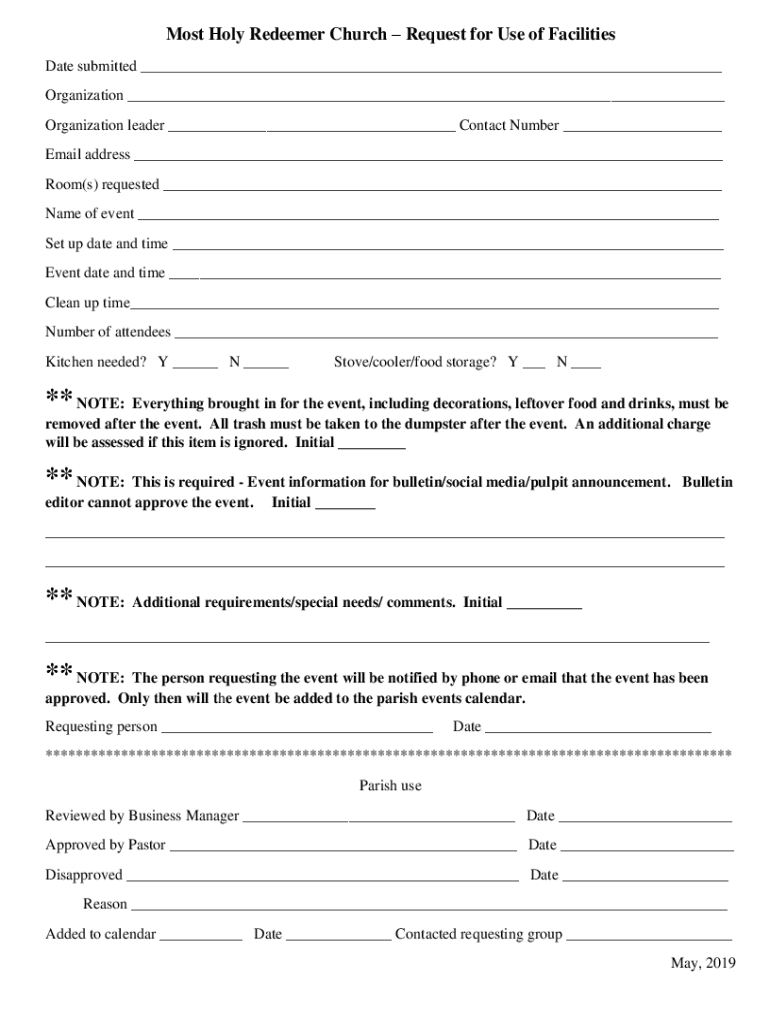 Fillable Online Request for Use of Facilities - Most Holy Redeemer ...