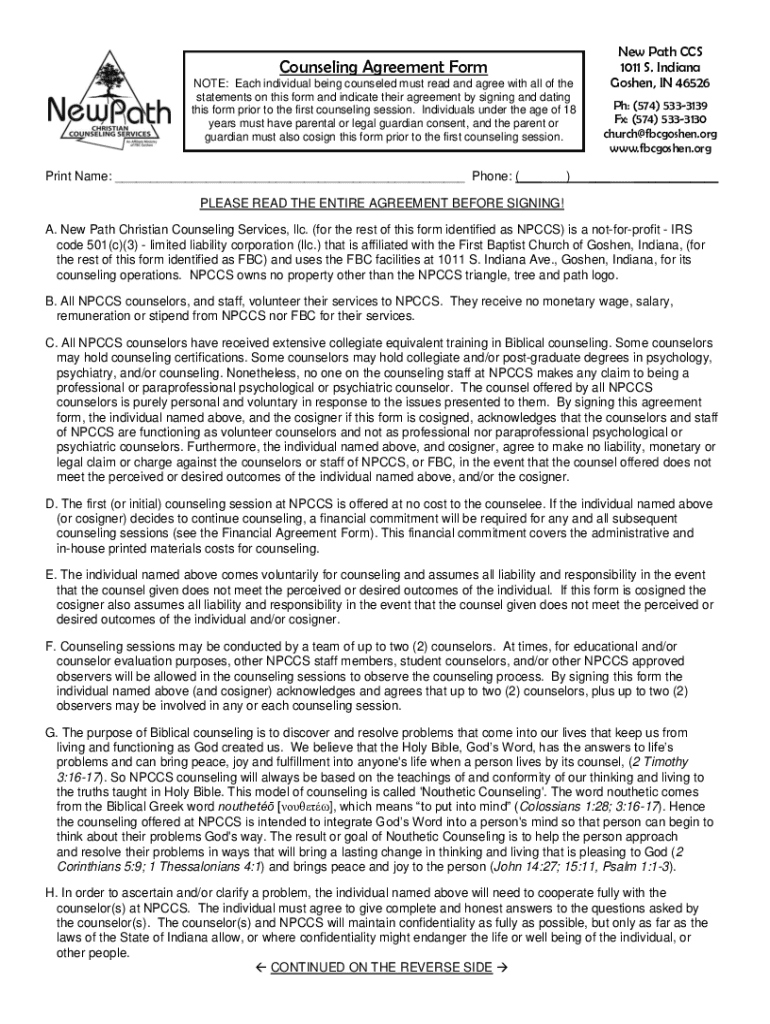 Fillable Online Fillable Online Counseling Agreement Form - First ...