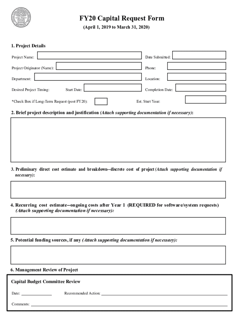 Fillable Online FY20 Capital Request Form Fax Email Print - pdfFiller