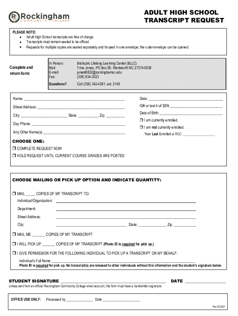 Fillable Online Adult High School Transcript Request Form Fax Email ...
