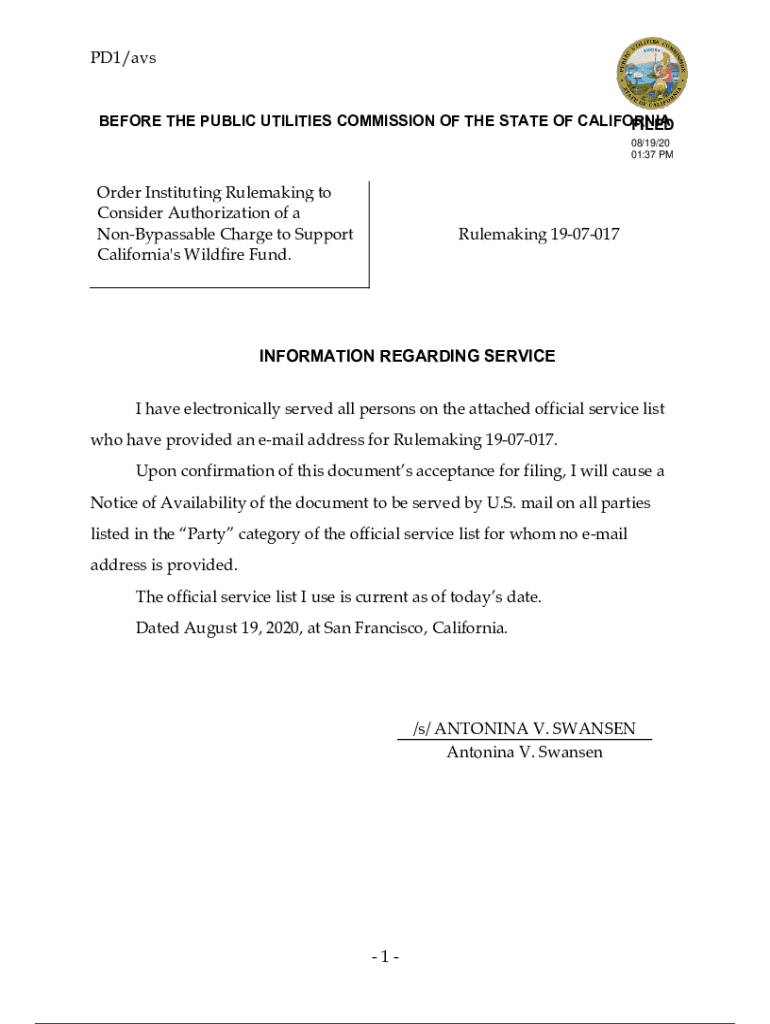 Fillable Online docs cpuc ca PD1/avs - 1 - Order Instituting Rulemaking ...