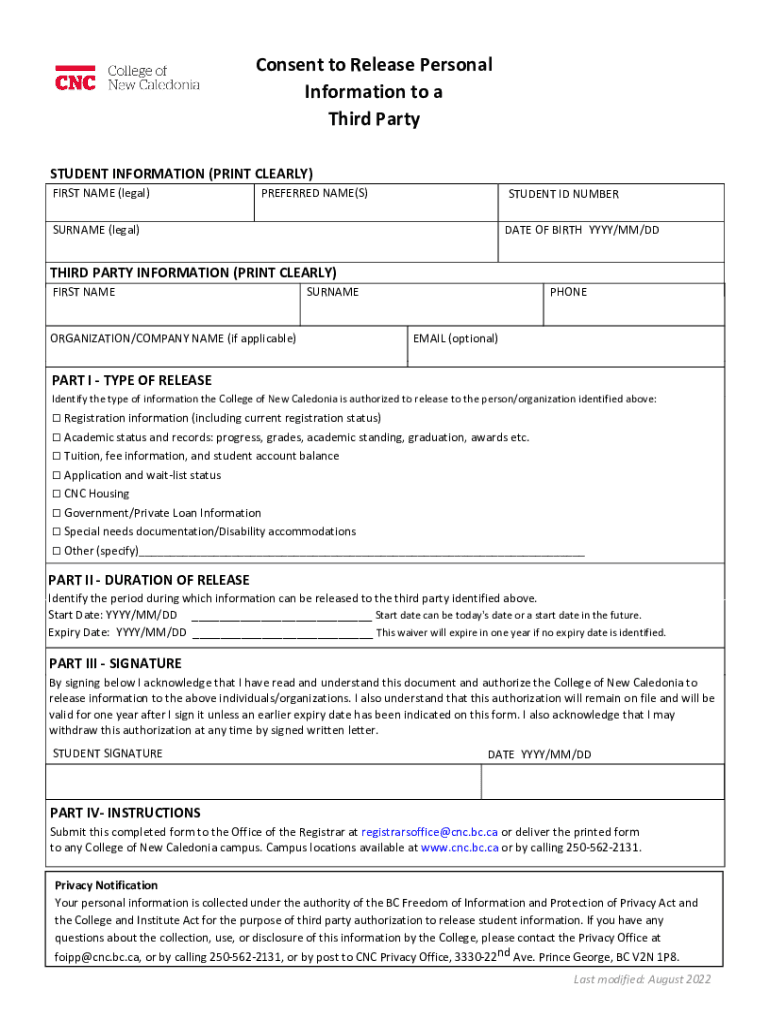 Fillable Online Consent to Release Personal Information Form (Third ...