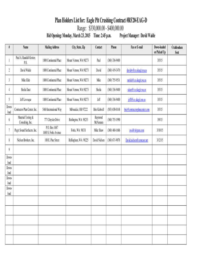 Fillable Online Plan Holders List for: Eagle Pit Crushing Contract # ...