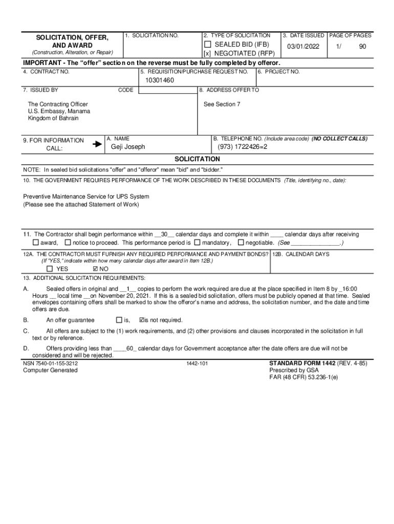 Fillable Online Fillable Online SOLICITATION, OFFER, AND AWARD Page 1 ...