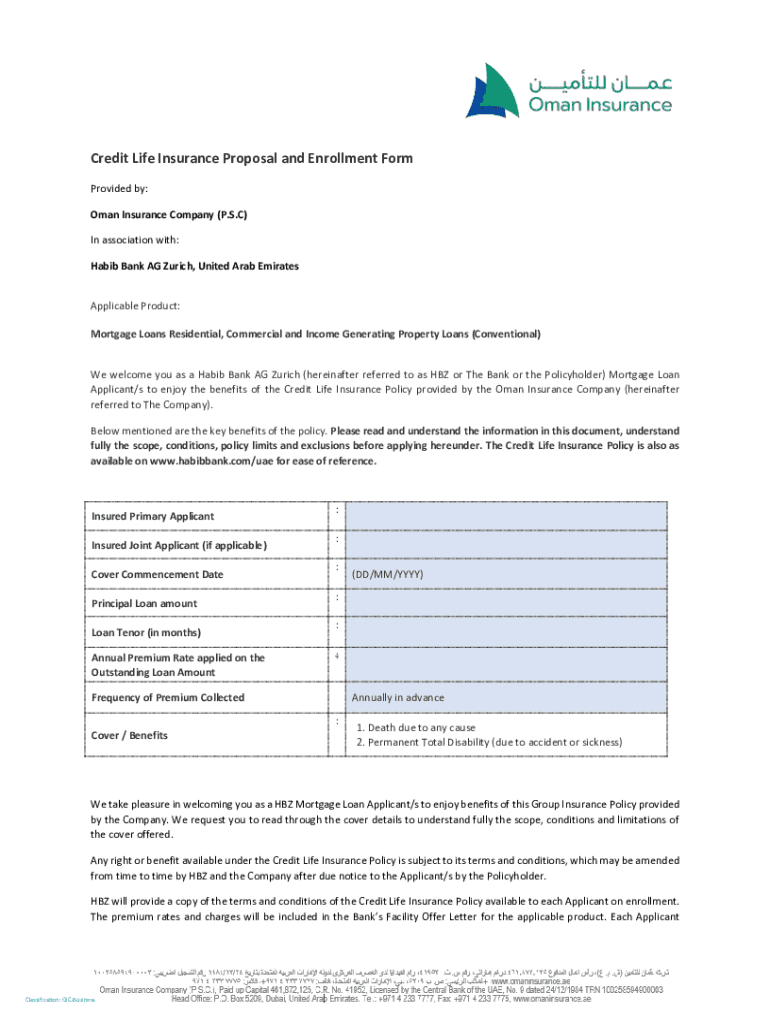 Fillable Online Credit Life Insurance Proposal and Enrollment Form Fax ...