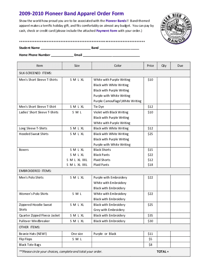 Fillable Online 2009-2010 Pioneer Band Apparel Order Form Fax Email ...