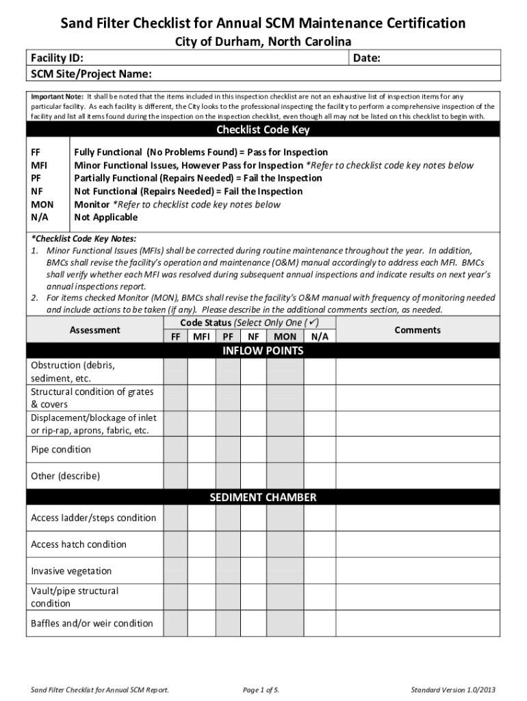 Fillable Online Sand Filter Checklist for Annual SCM Maintenance Certification City of ... Fax ...