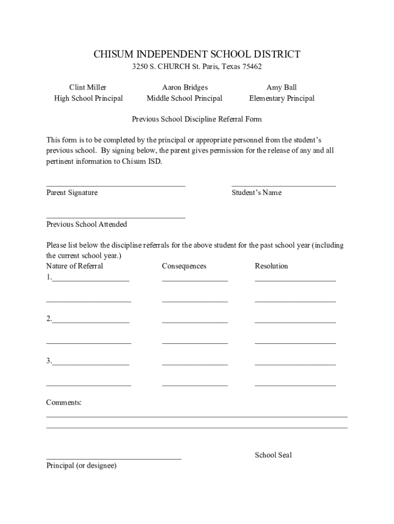 Fillable Online Chisum ISD - CISD Police Department - Chisum ...