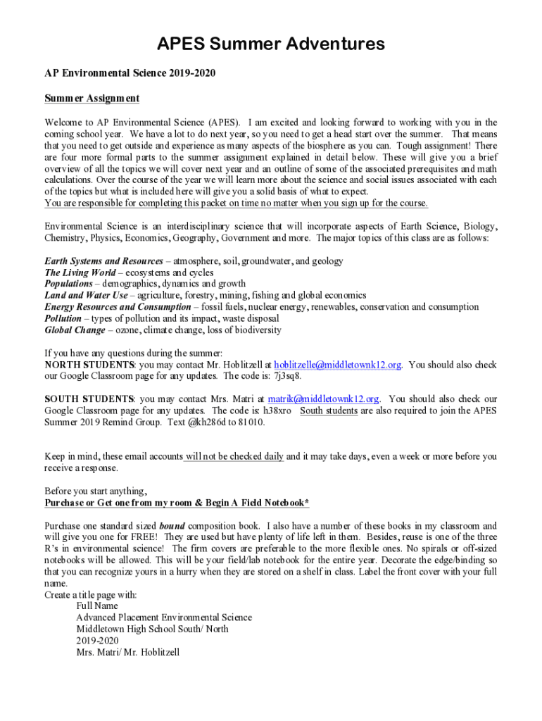 Fillable Online APESSummerAssignment - Welcome to AP Environmental Science! Due ... Fax Email ...