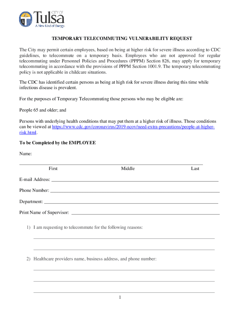 Fillable Online TEMPORARY TELECOMMUTING VULNERABILITY REQUEST Fax Email ...
