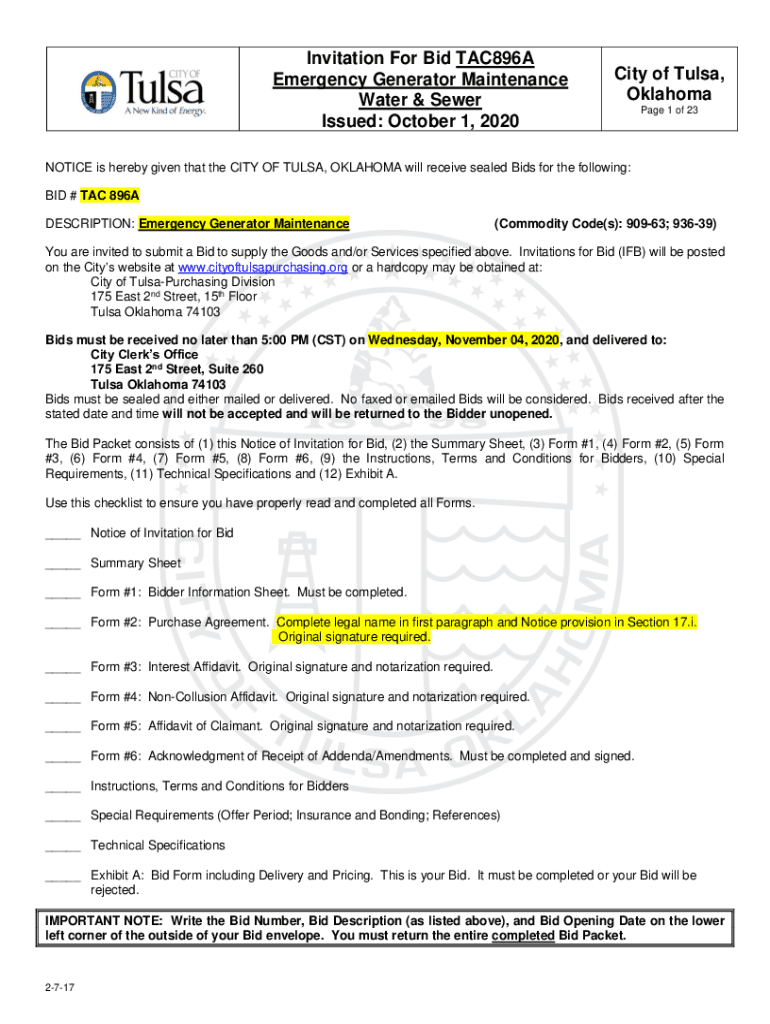 Fillable Online Invitation For Bid IFB 15-723 City of Tulsa, Emergency Generator ... Fax Email ...