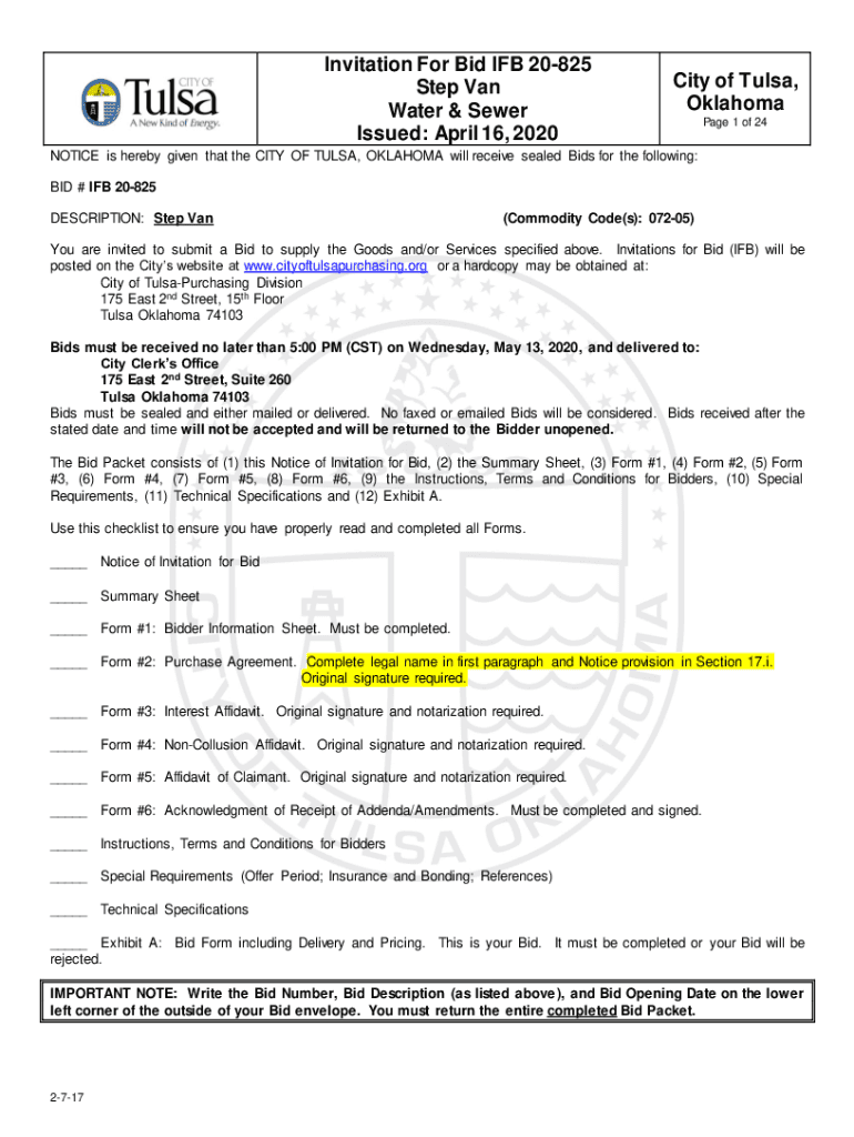 Fillable Online Invitation For Bid IFB 20-825 Step Van Water & Sewer Issued Fax Email Print ...