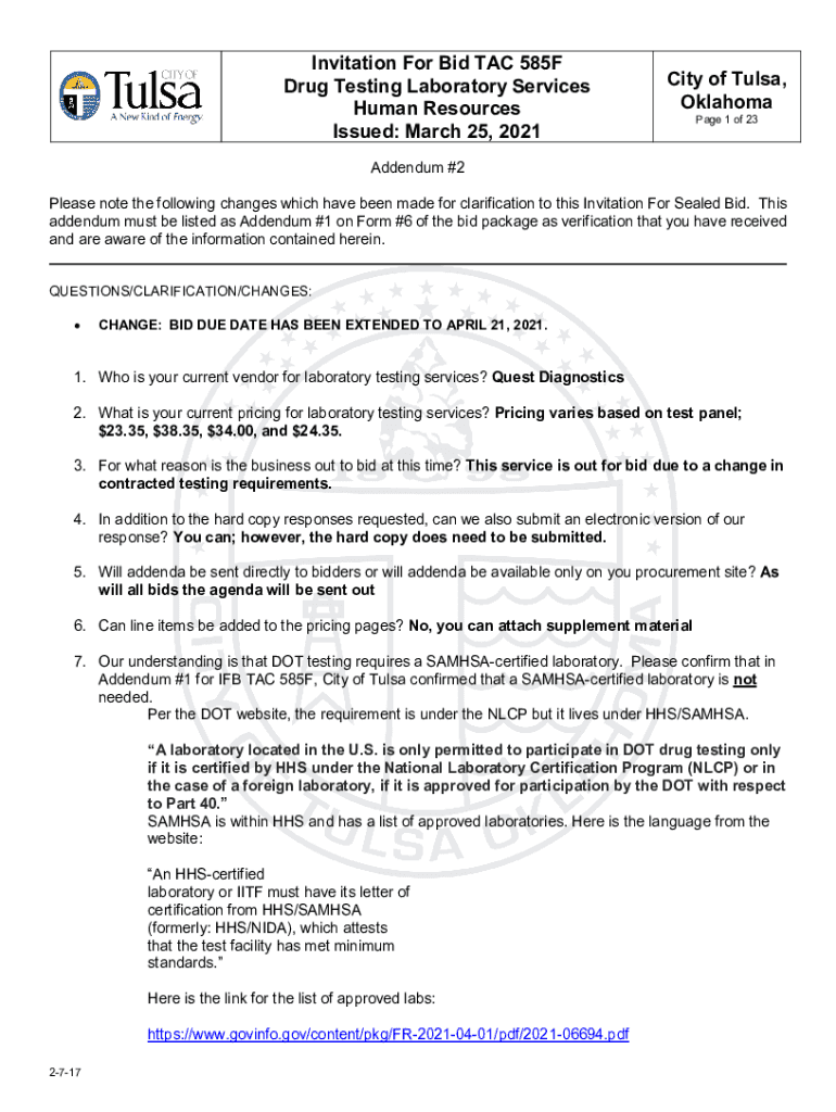 Fillable Online Invitation For Bid TAC 585F Drug Testing Laboratory ...
