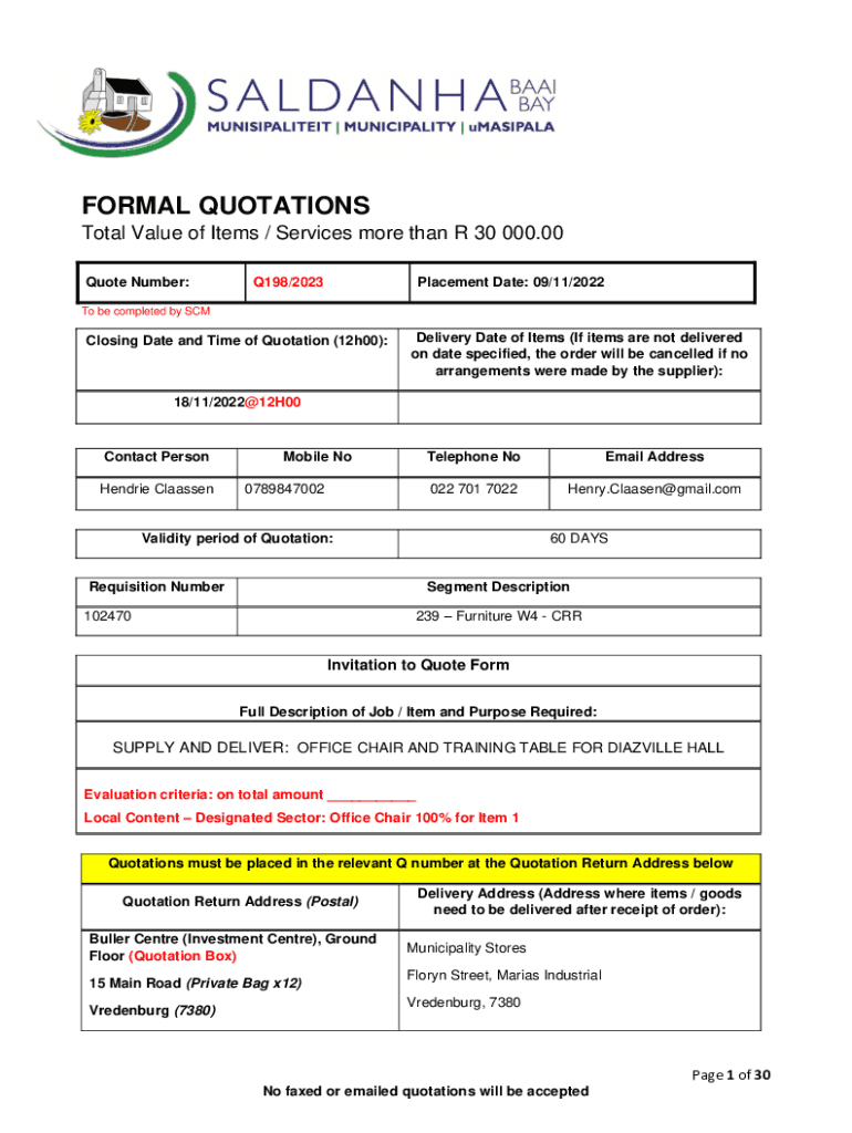 Fillable Online sbm gov FORMAL QUOTATIONS...FORMAL QUOTATIONS Total Value of Items / Services ...