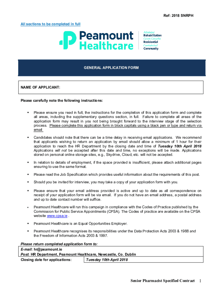 Fillable Online Peamount Healthcare - Rehabilitation, Residential and ...