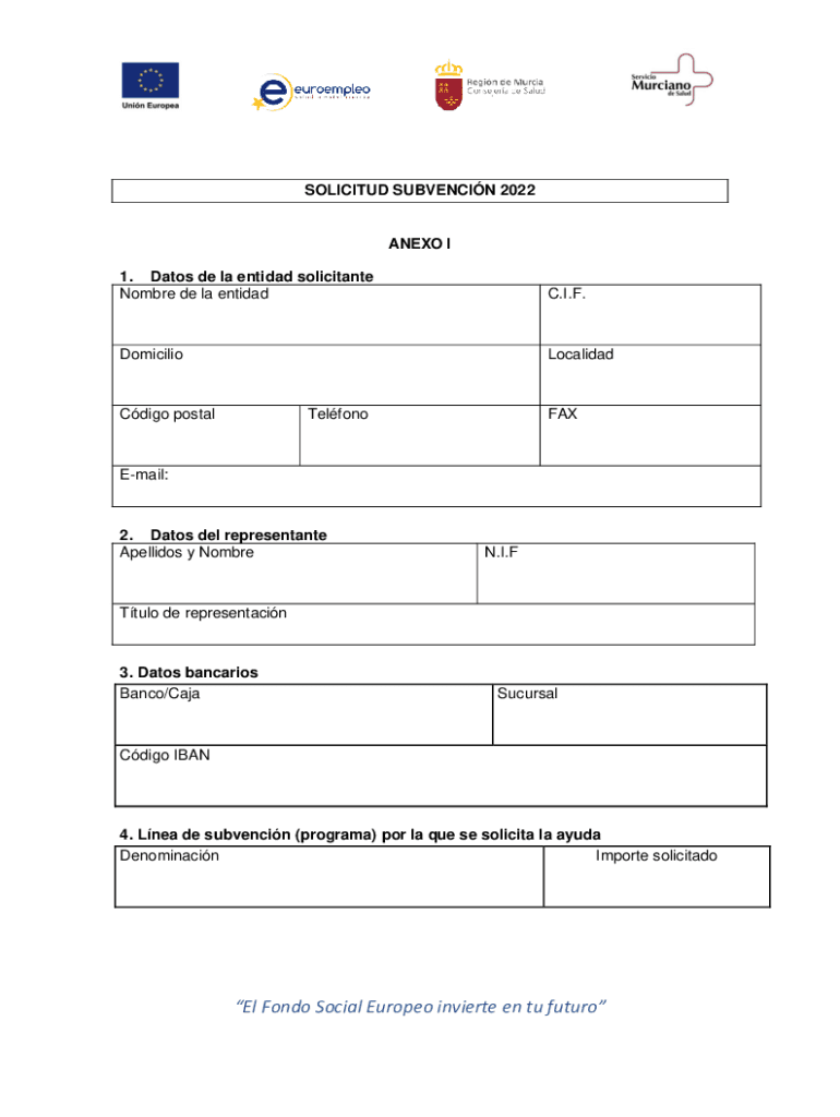 Fillable Online Anexo I: SOLICITUD 1. DATOS DE LA ENTIDAD SOLICITANTE Y DE LA PERSONA ... Fax ...
