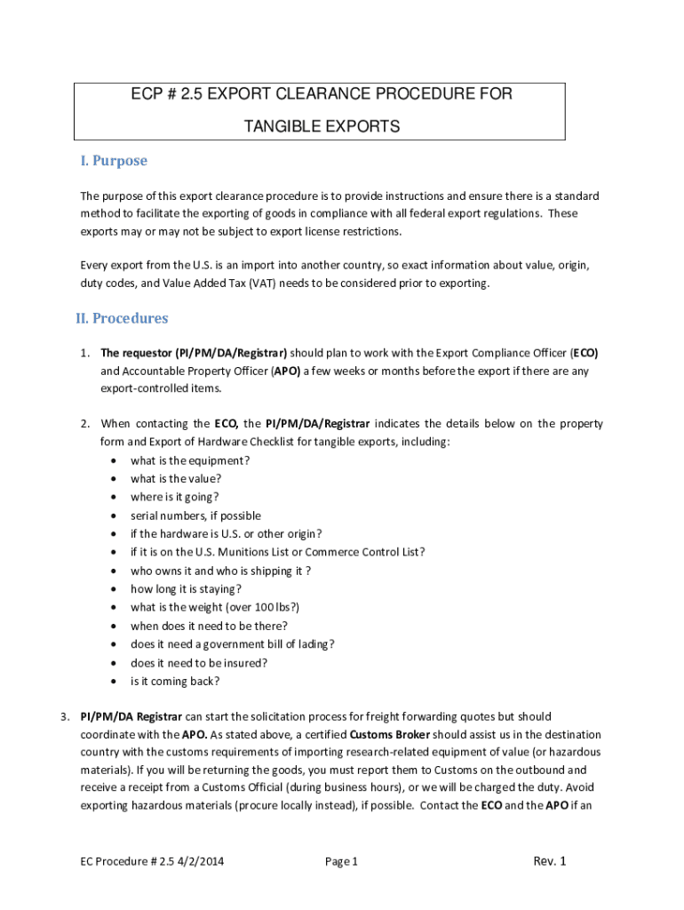 Fillable Online ECP # 2.5 EXPORT CLEARANCE PROCEDURE FOR TANGIBLE ...